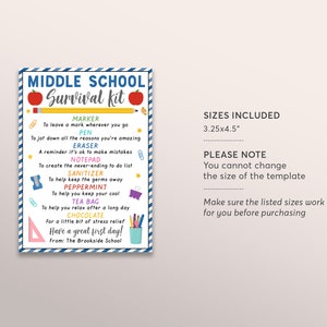 Middle School Student Survival Kit Gift Tags Editable Template, Back to ...