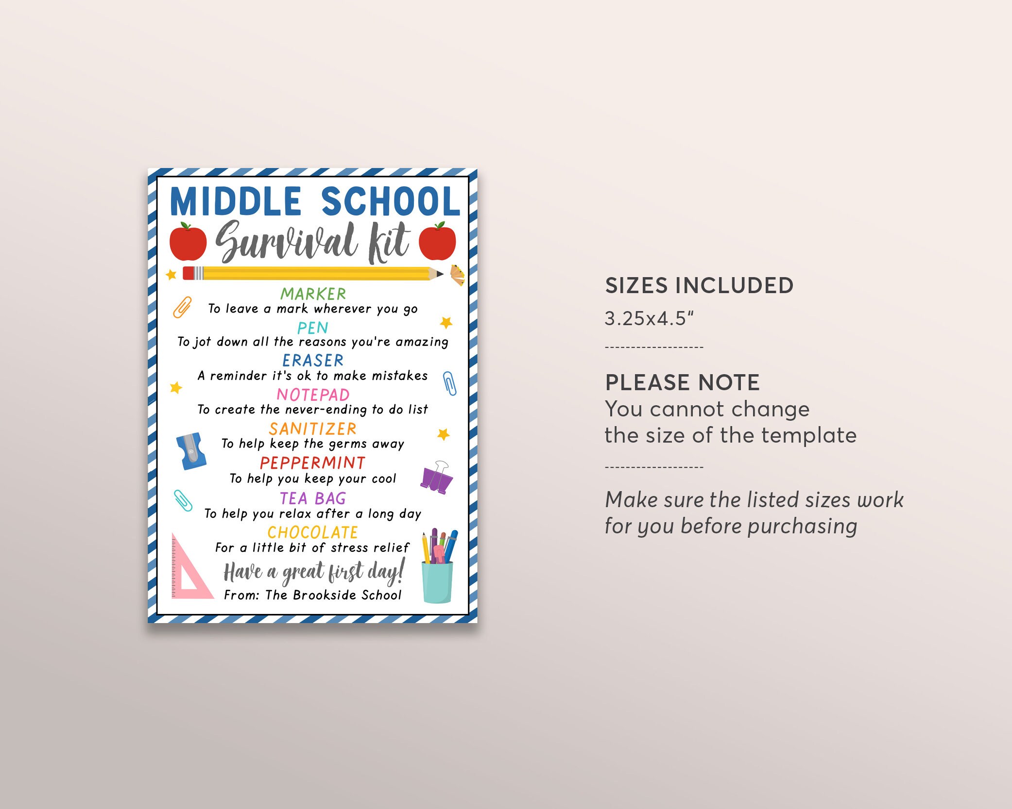 Middle School Student Survival Kit Gift Tags Editable Template, Back to ...