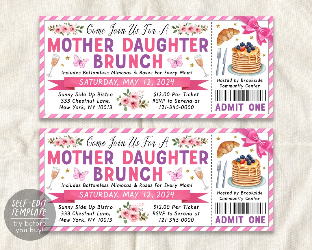 Mother Daughter Brunch Ticket Invitation Editable Template, Mothers Day ...