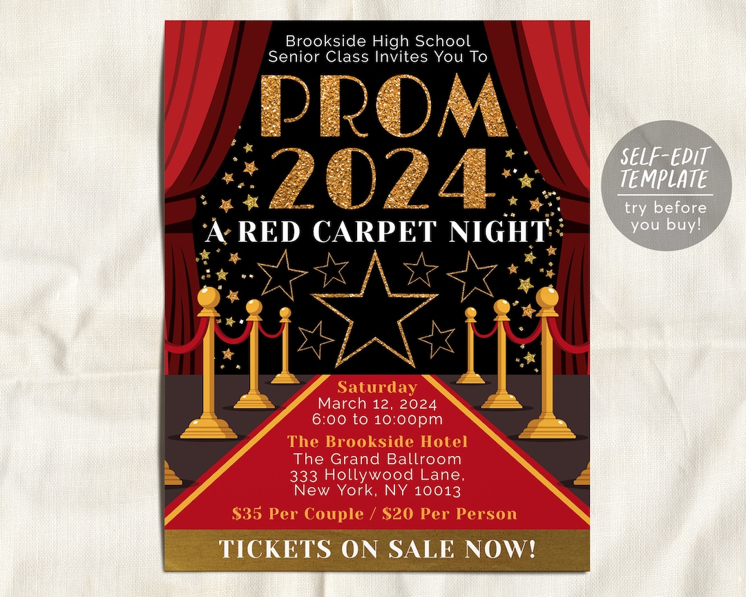 Red Carpet Prom Night Dance Flyer Editable Template, Junior Senior Prom ...