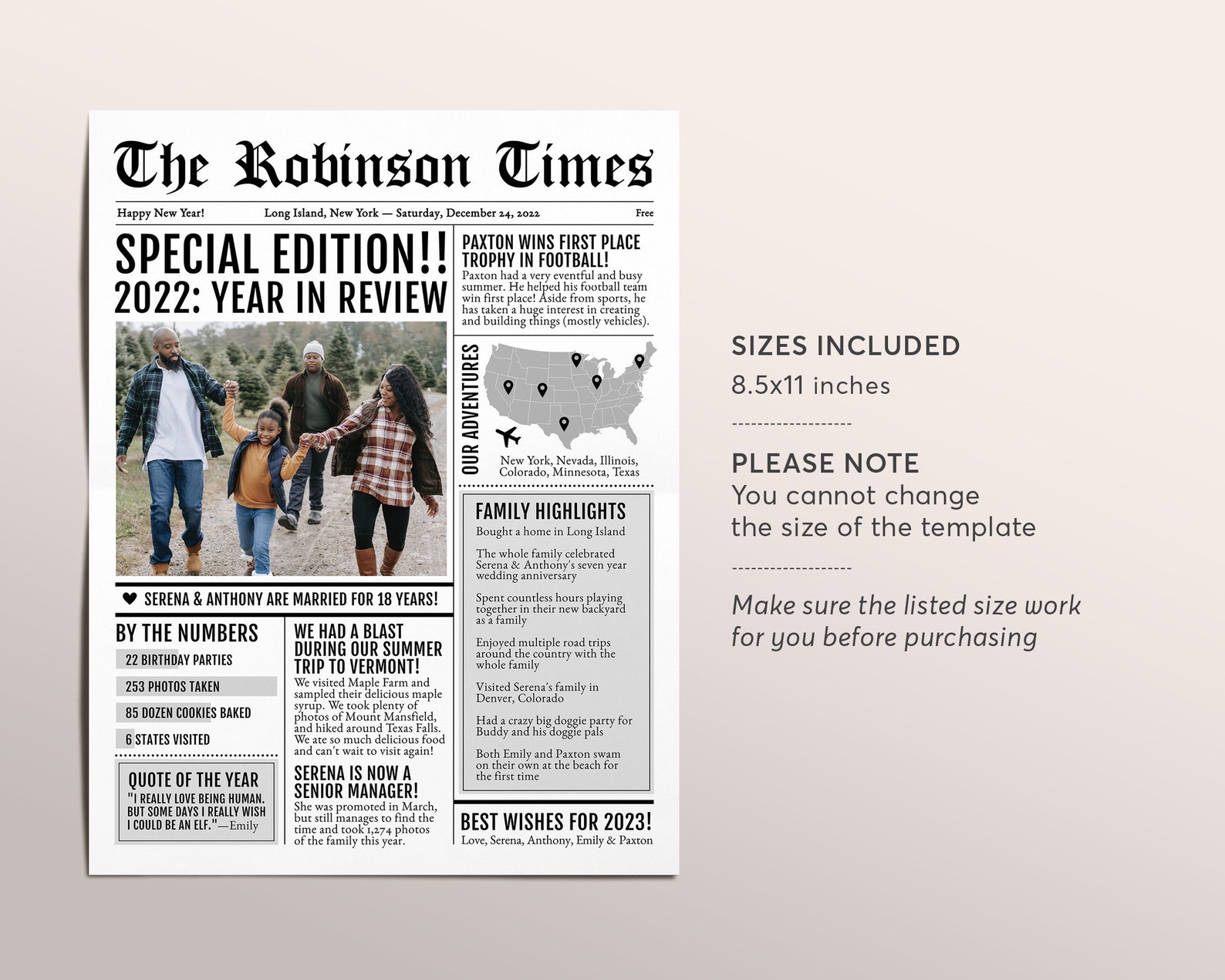 Year in Review Family Newspaper Editable Template Newsletter - Etsy