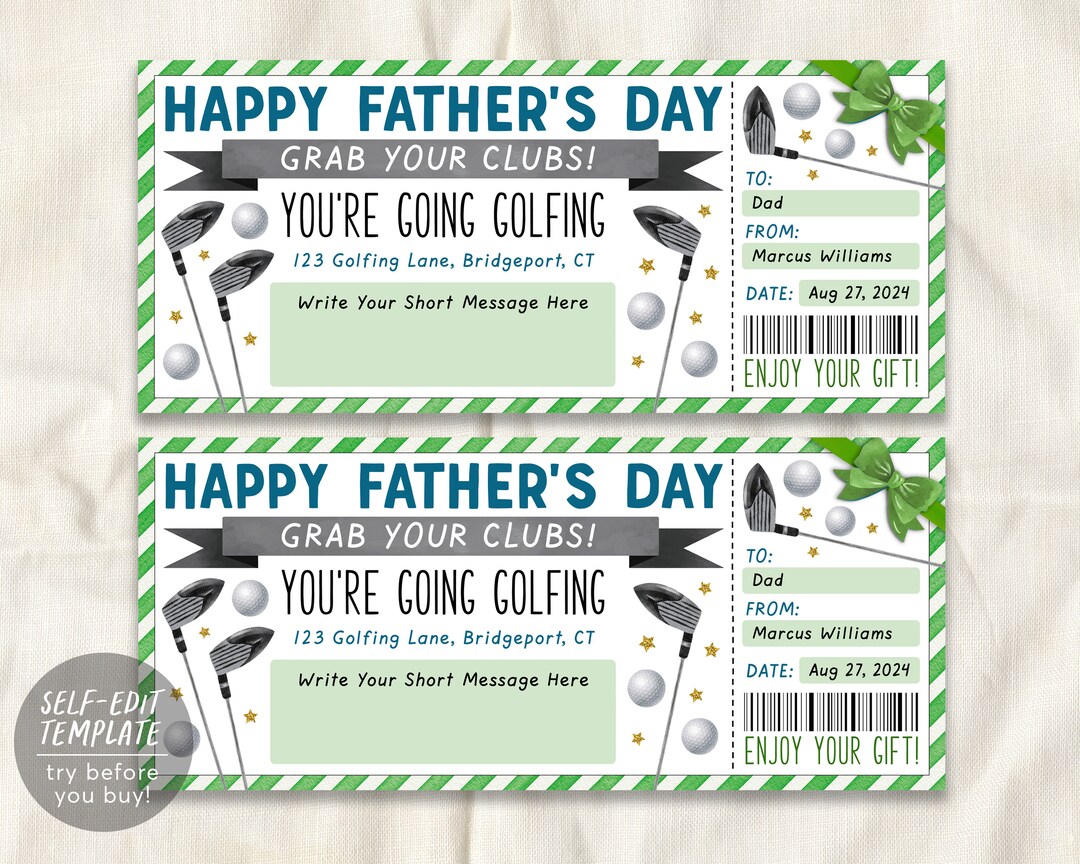 Fathers Day Golf Trip Gift Ticket Editable Template, Surprise Golfing ...