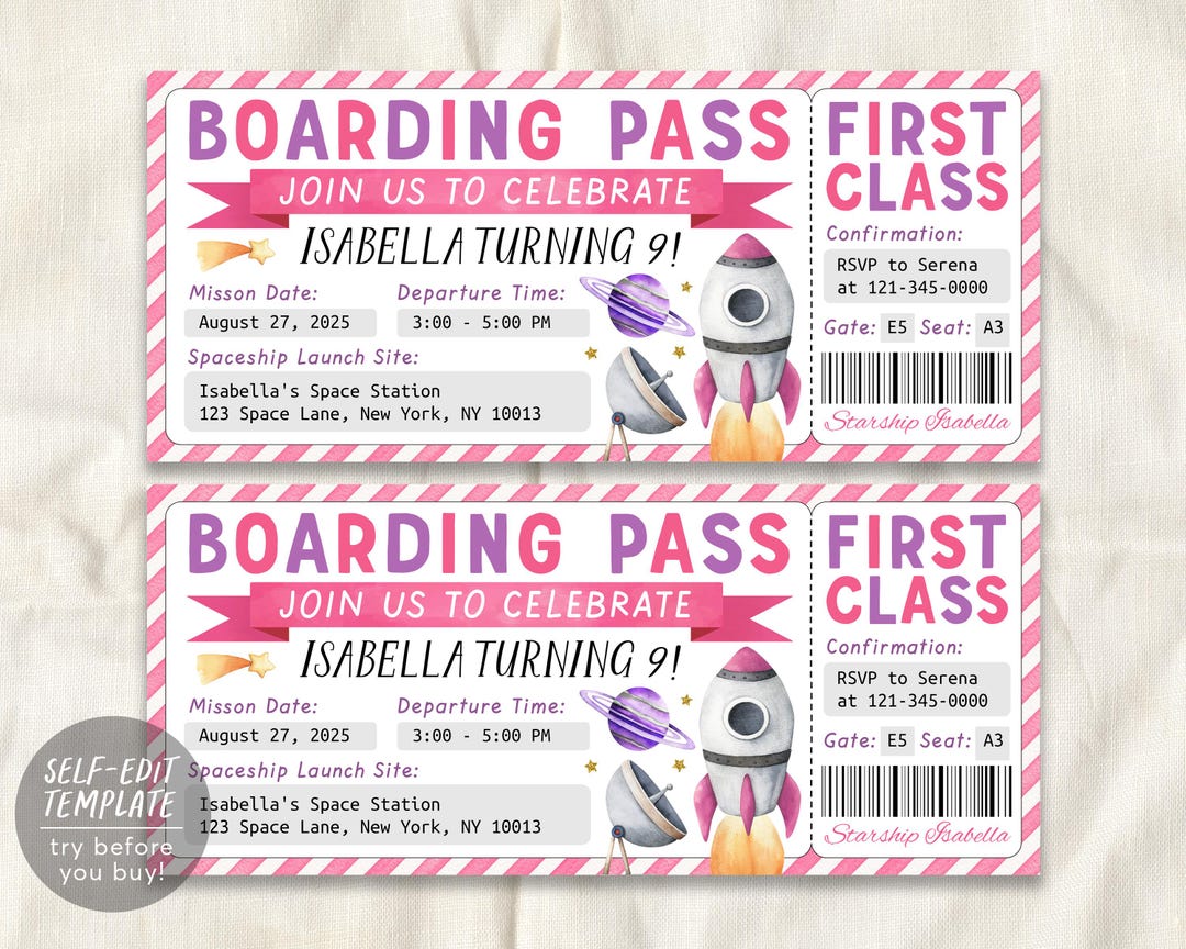 Space Birthday Ticket Invitation Editable Template, Girl Outer Space ...