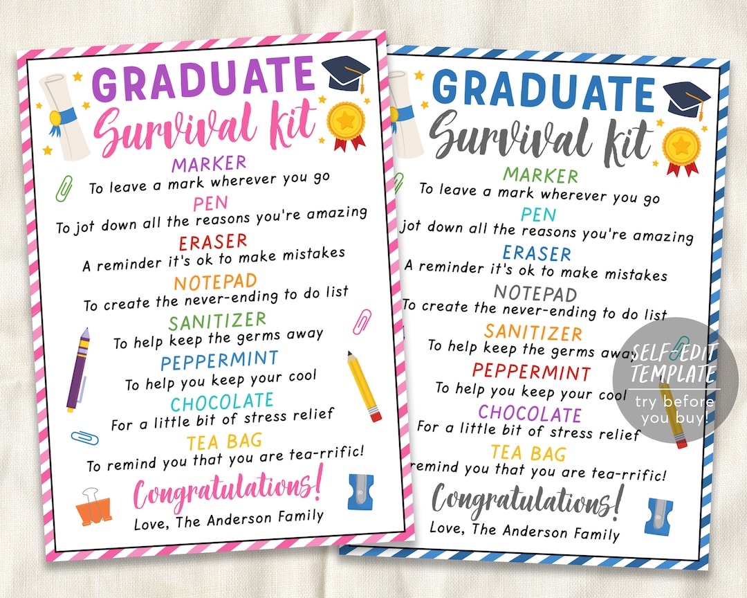New Graduate Survival Kit Tag Editable Template, Graduation Gift Idea ...