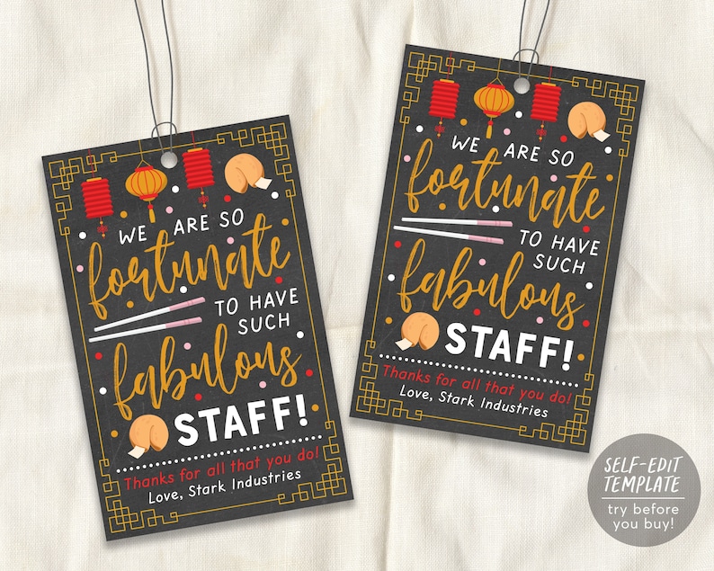 Fortune Cookie Thank You Gift Tags Editable Template, Fabulous Staff ...