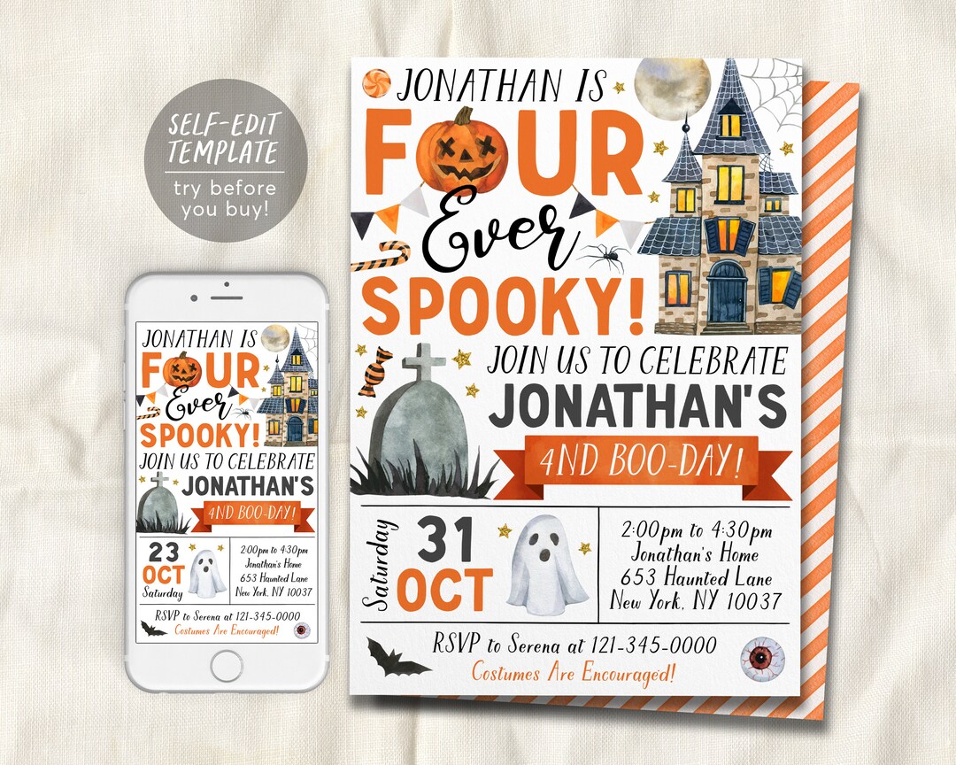 Four Ever Spooky Halloween 4th Birthday Invitation Editable Template ...