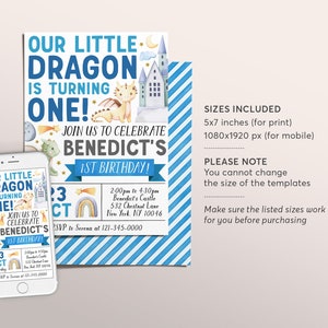 Dragon First Birthday Invitation Editable Template, Boy Magical ...