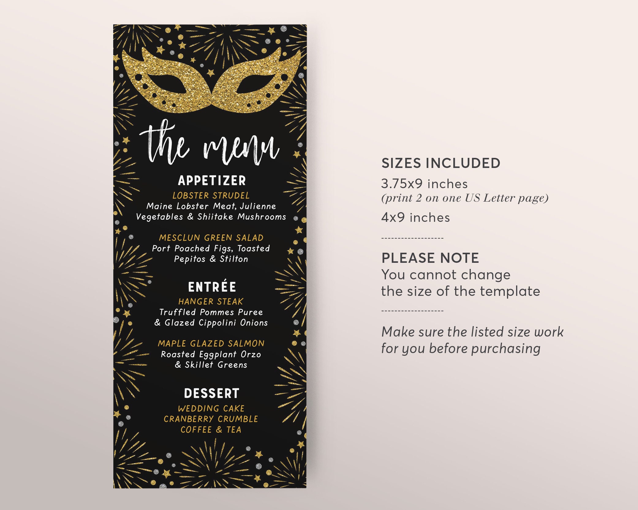 Masquerade Dinner Menu Editable Template Engagement Party - Etsy Australia