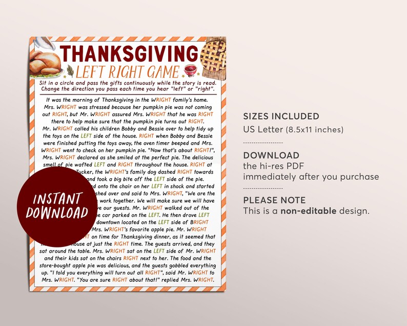 Thanksgiving Left Right Game, Fall Left Right Story Pass the Gift Prize ...