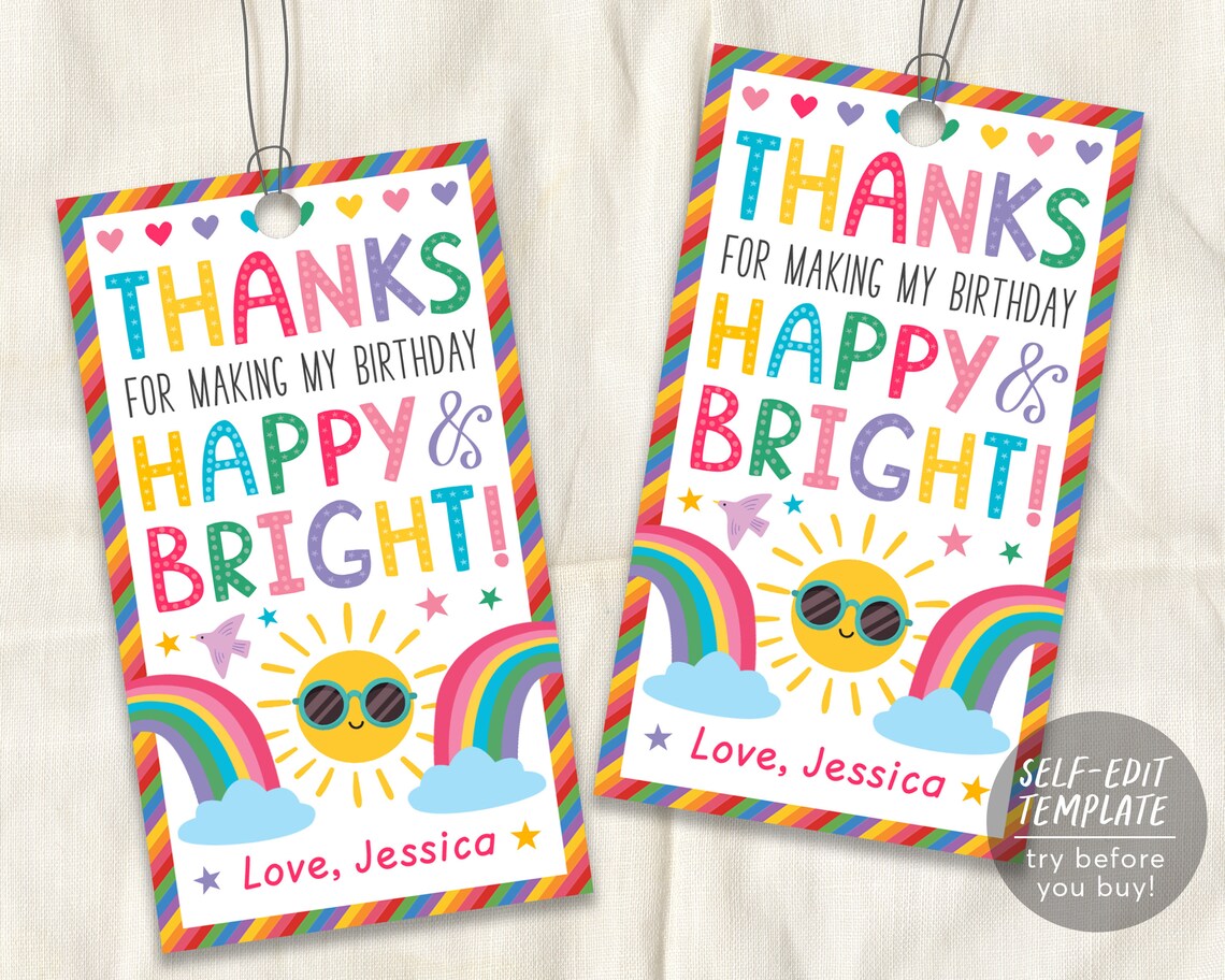 Rainbow Thank You Tags Editable Template, Sunglasses Sun Happy and ...