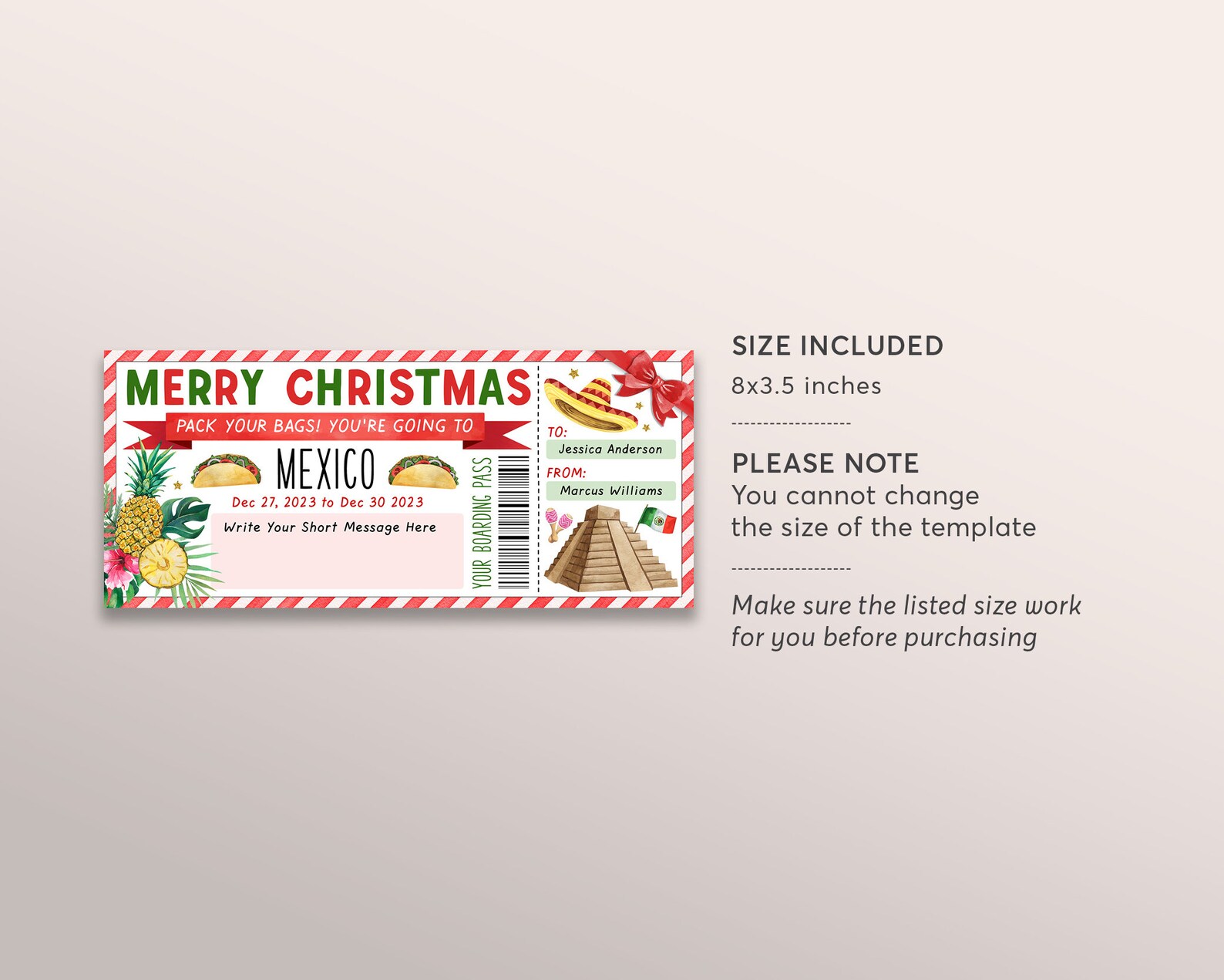 Mexico Trip Ticket Boarding Pass Editable Template, Christmas Surprise ...