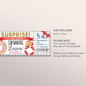 Swim Lessons Gift Certificate Ticket Editable Template, Surprise ...