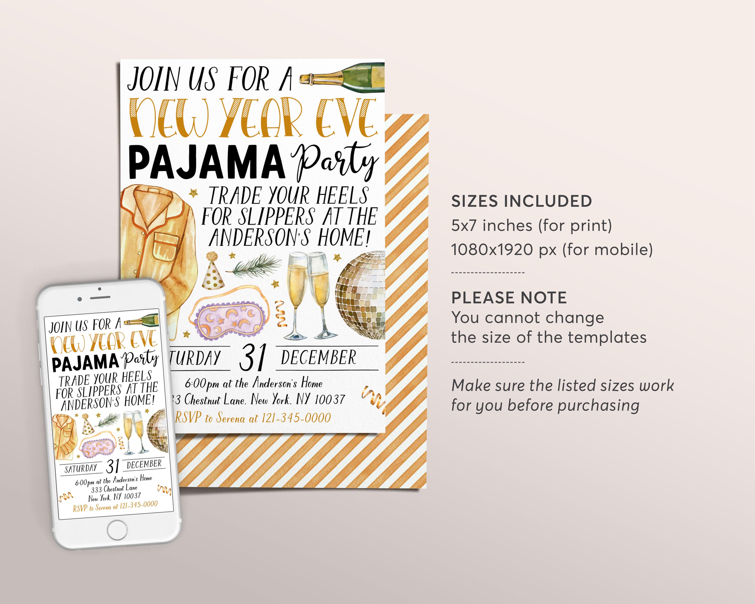 New Year Eve Pajama Party Invitation Editable Template, Adult NYE ...