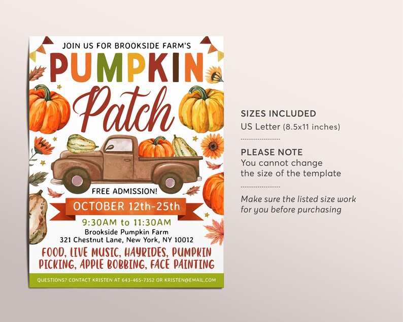 Pumpkin Patch Flyer Editable Template, Fall Harvest Festival Invitation ...
