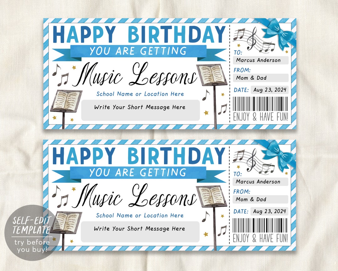 Music Lessons Gift Certificate Editable Template, Birthday Surprise ...