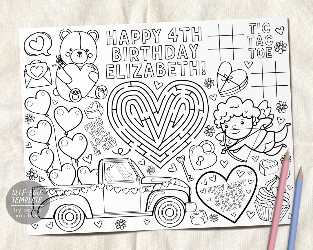 Valentine Coloring Placemat for Kids Editable Template, Valentines Day ...
