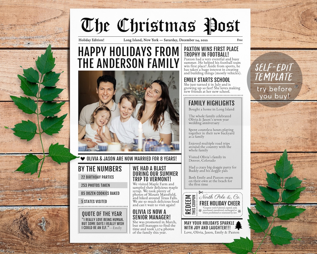 Christmas Family Newspaper Editable Template, Year in Review Newsletter ...