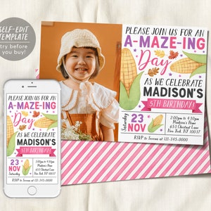 Corn Maze Birthday Invitation With Photo Editable Template, Kids Girl ...