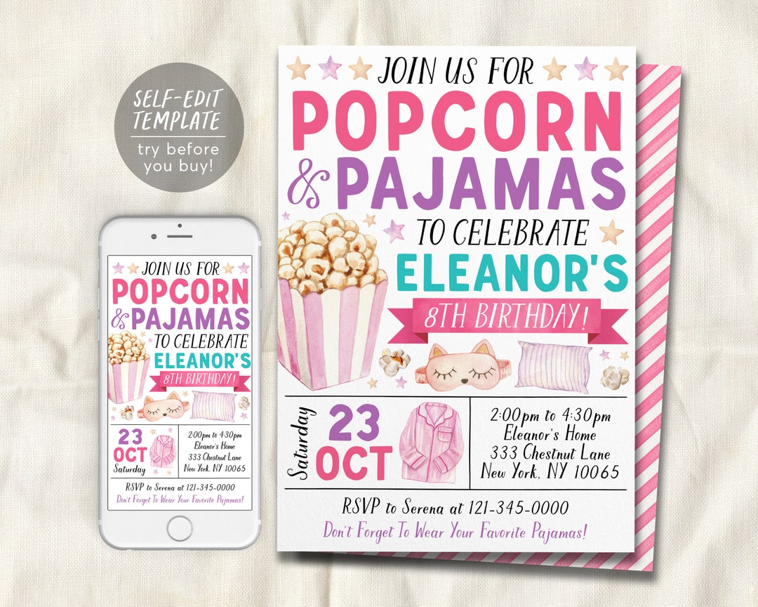 Popcorn and Pajamas Birthday Invitation Editable Template, Girl Tween ...