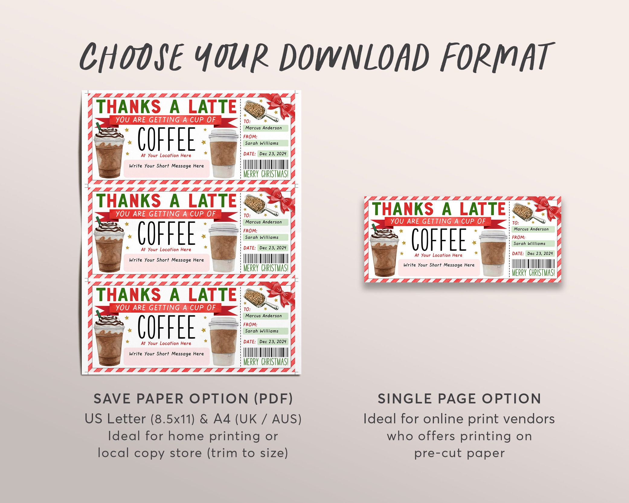 Christmas Thanks A Latte Gift Coupon Editable Template, Surprise ...