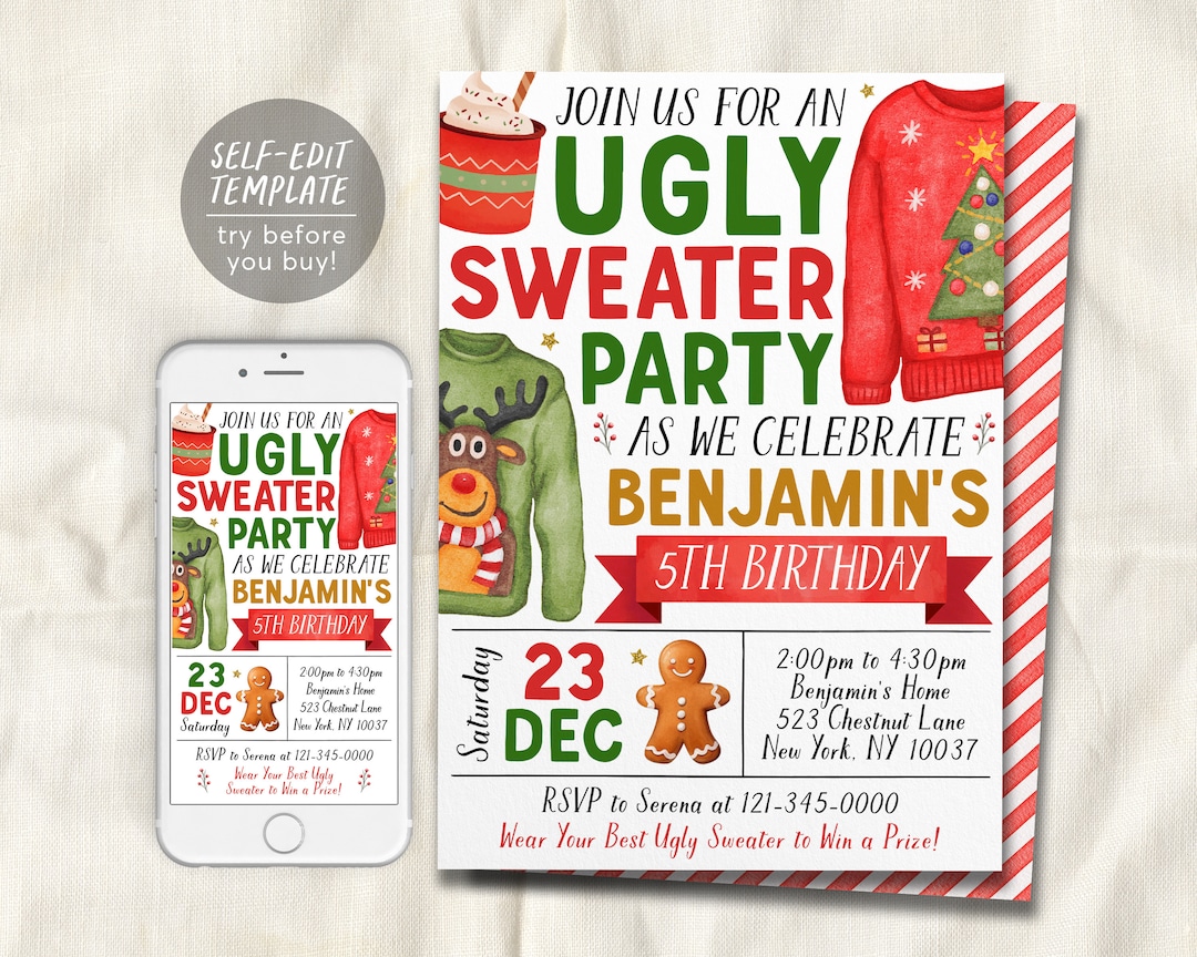 Ugly Sweater Birthday Party Invitation Editable Template, Kids Holiday ...