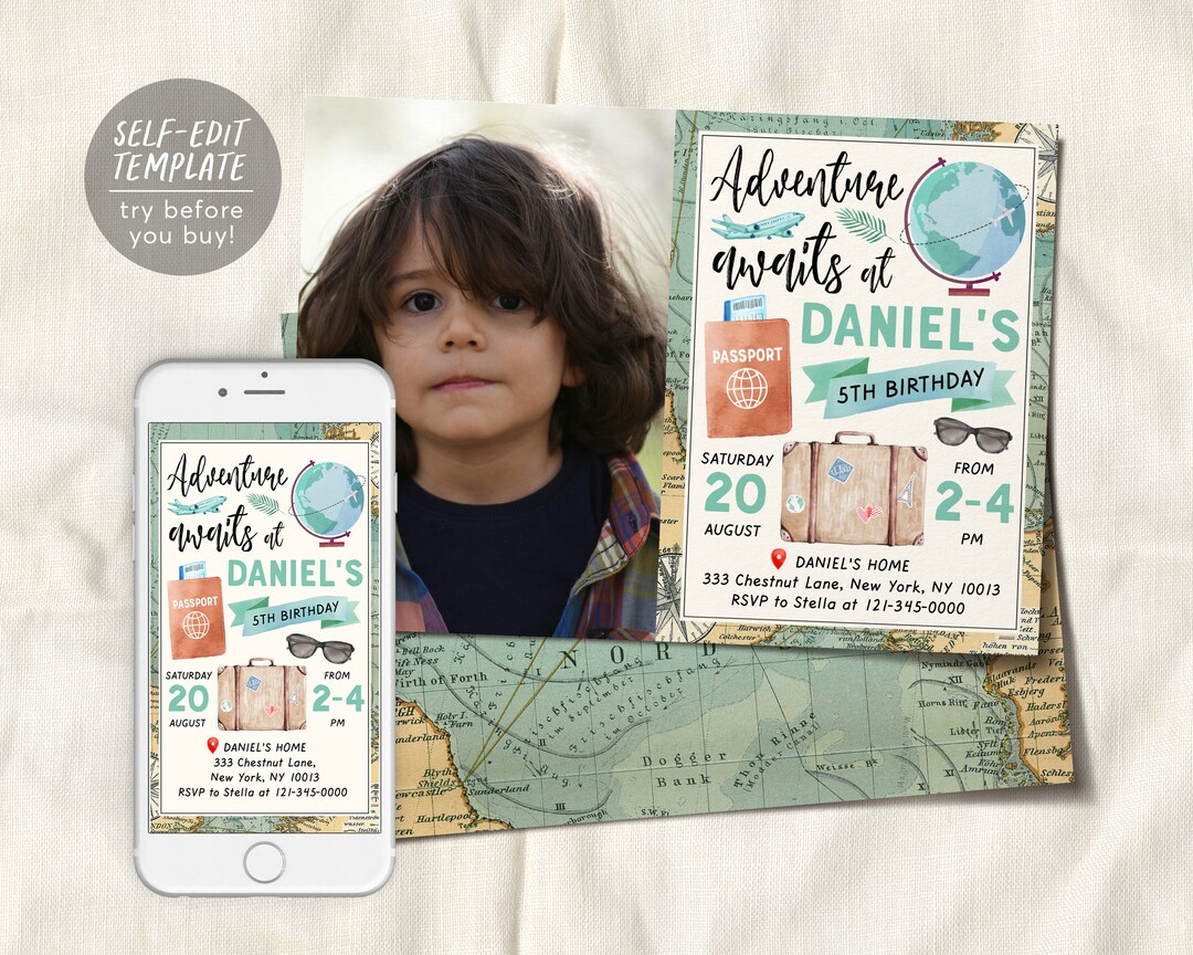 Adventure Awaits Travel Birthday Party Invitation With Photo Editable ...