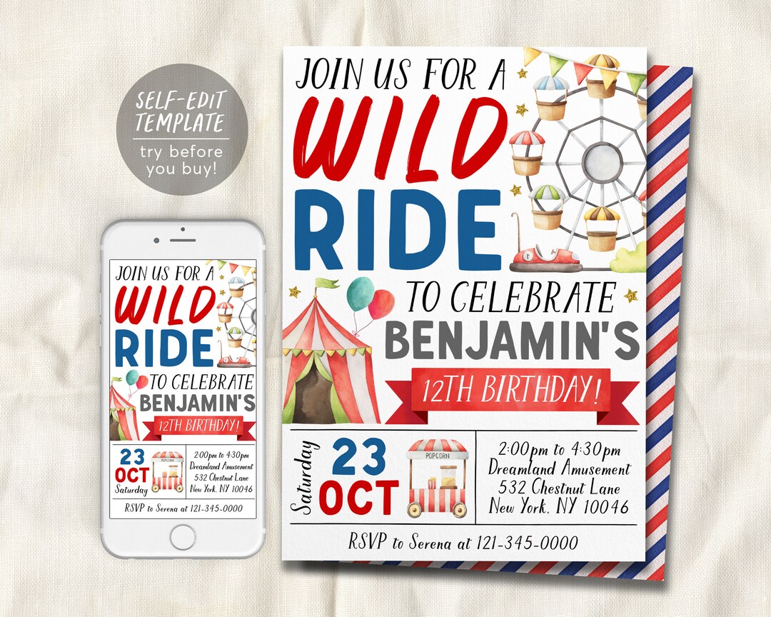 Amusement Park Birthday Invitation Editable Template, Unisex Boy Theme ...