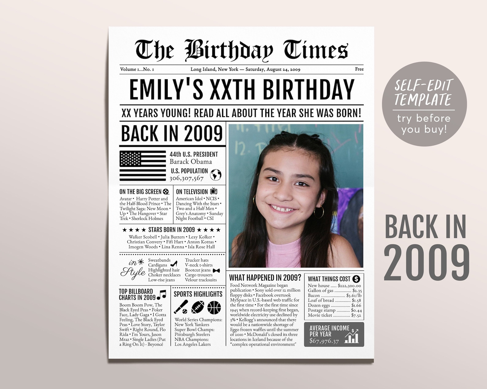 Back in 2009 Birthday Newspaper Editable Template, 14 15 16 Years Ago ...