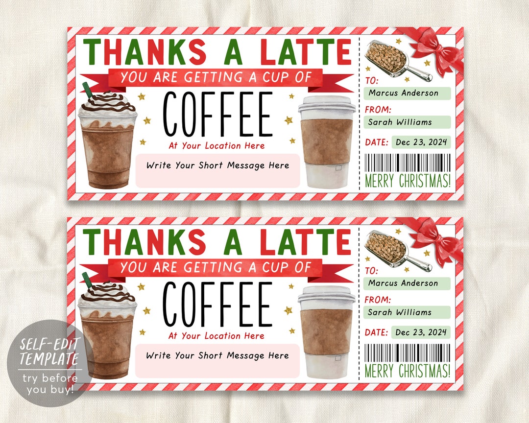 Christmas Thanks A Latte Gift Coupon Editable Template, Surprise ...