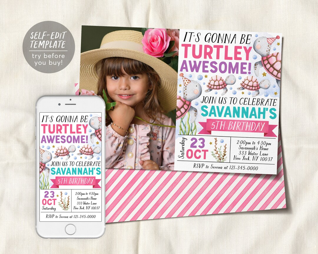 Turtle Birthday Invitation With Photo Editable Template, Turtley ...