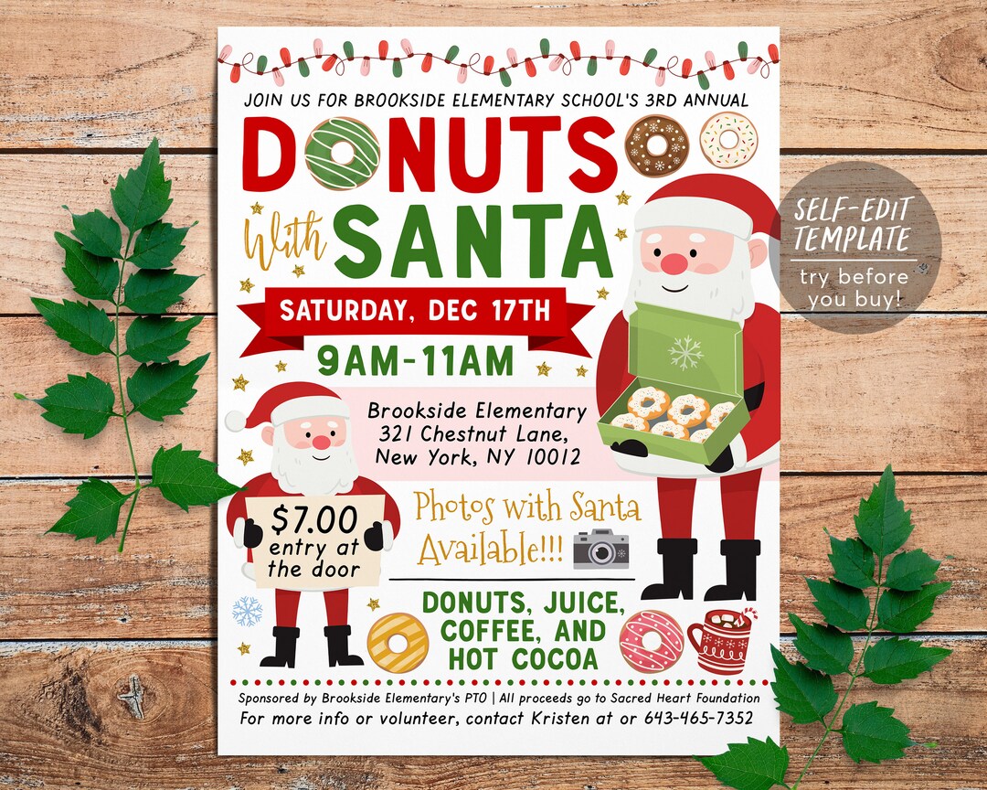 Donuts With Santa Flyer Editable Template, Breakfast With Santa ...