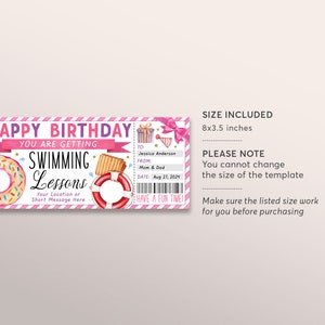 Swim Lessons Gift Certificate Ticket Editable Template, Birthday ...