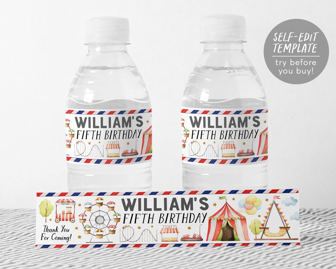 Amusement Park Bottle Labels Editable Template, Theme Park Birthday ...