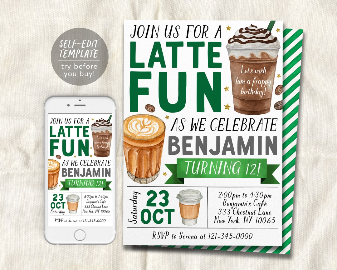 Coffee Shop Birthday Invitation Editable Template, Latte Fun Frappy ...