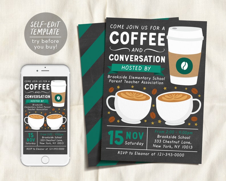 Coffee and Conversation Party Invitation Editable Template - Etsy