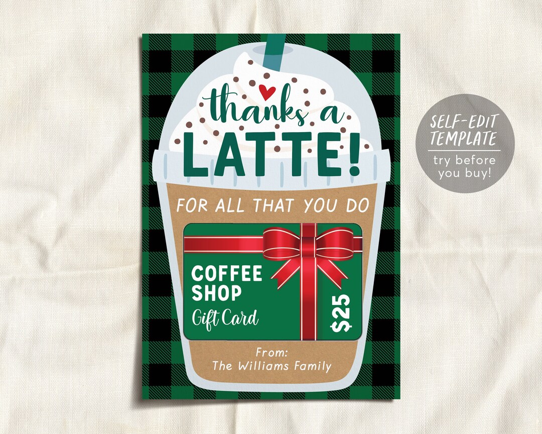 Thanks a Latte Coffee Gift Card Holder Printable Editable Template ...