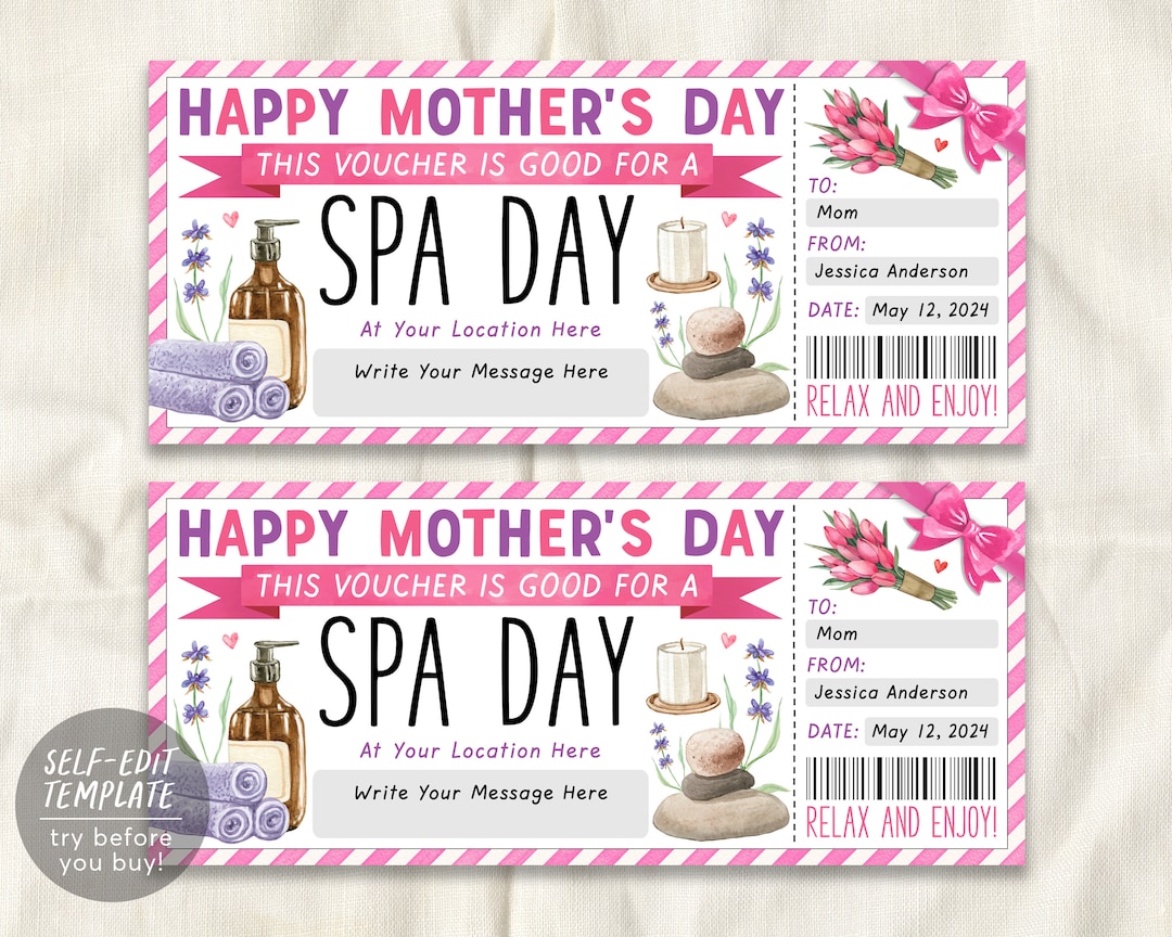 Mothers Day Spa Day Gift Voucher Ticket Editable Template, Surprise Spa ...
