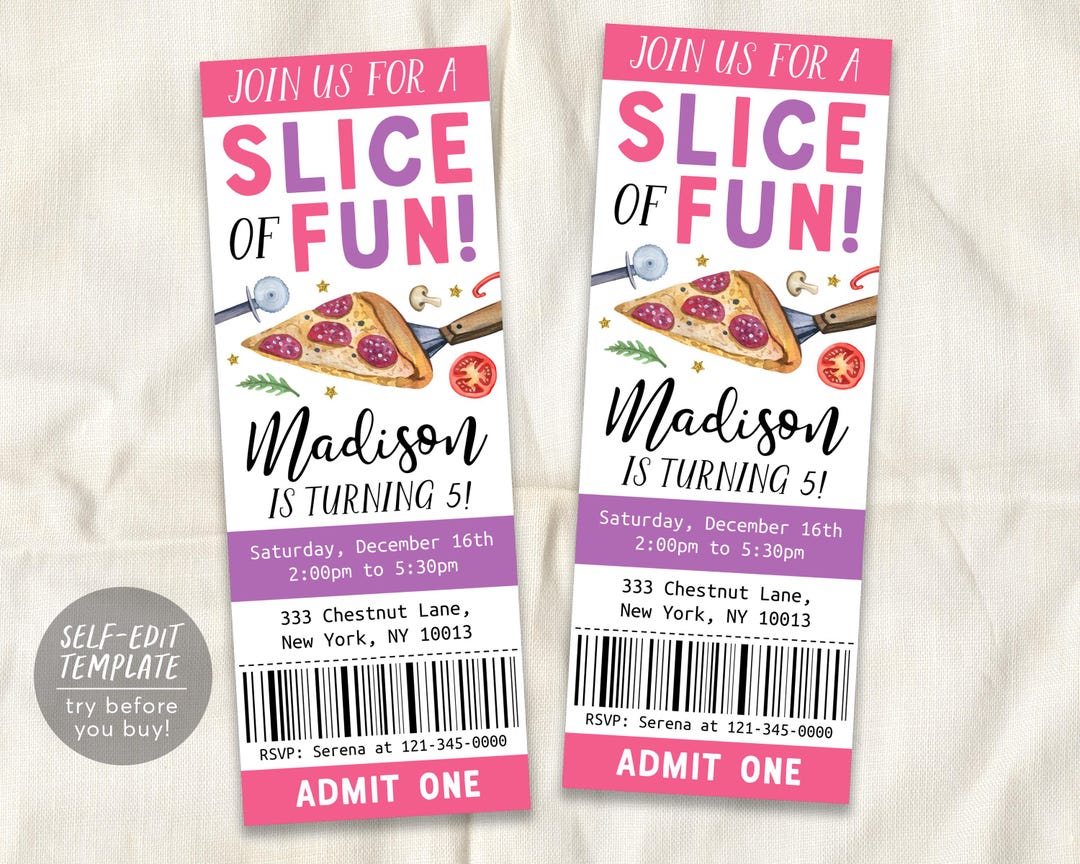 Pizza Birthday Ticket Invitation Editable Template, Kids Pizza Party ...