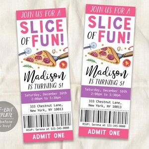 Pizza Birthday Ticket Invitation Editable Template, Kids Pizza Party ...