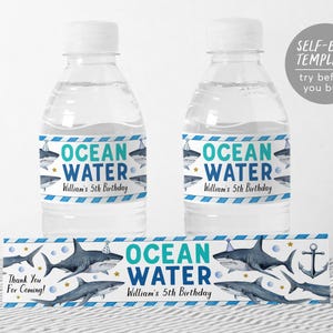Shark Water Bottle Labels Editable Template, Boy Ocean Water Jawsome ...