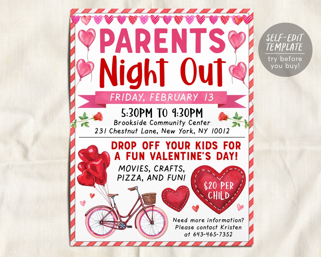 Valentine's Day Parent's Night Out Flyer Editable Template, Valentine ...