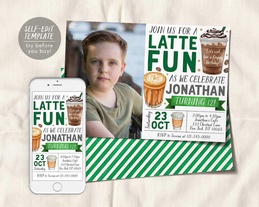 Coffee Shop Birthday Invitation With Photo Editable Template, Latte Fun ...