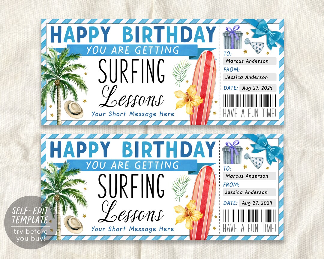 Surfing Lessons Gift Voucher Certificate Editable Template, Birthday ...