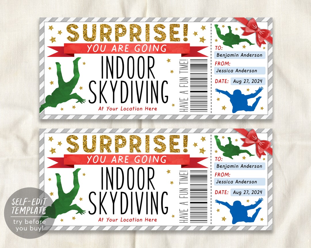 Indoor Skydiving Gift Certificate Ticket Editable Template, Surprise ...