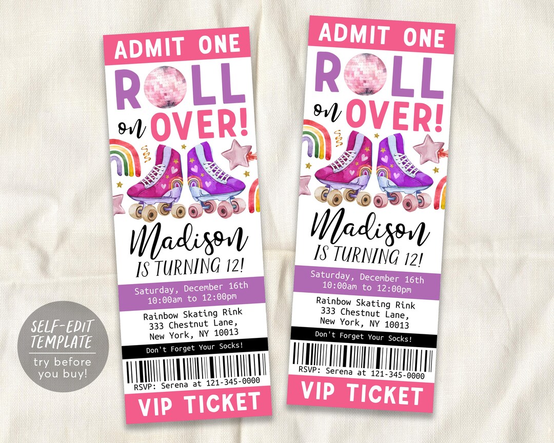 Roller Skating Birthday Ticket Invitation Editable Template, Girl ...