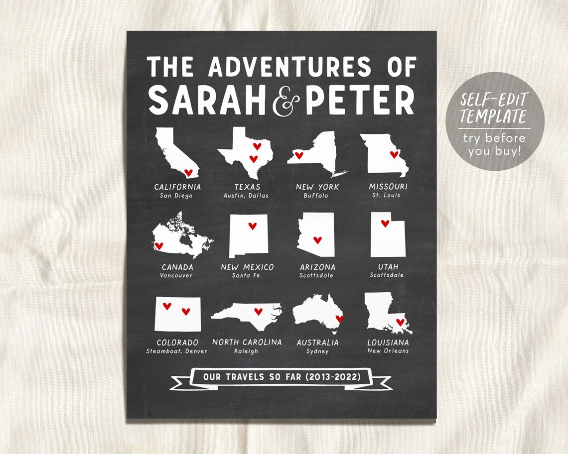 Editable Custom Anniversary Map Infographic Template, Couples Travel ...