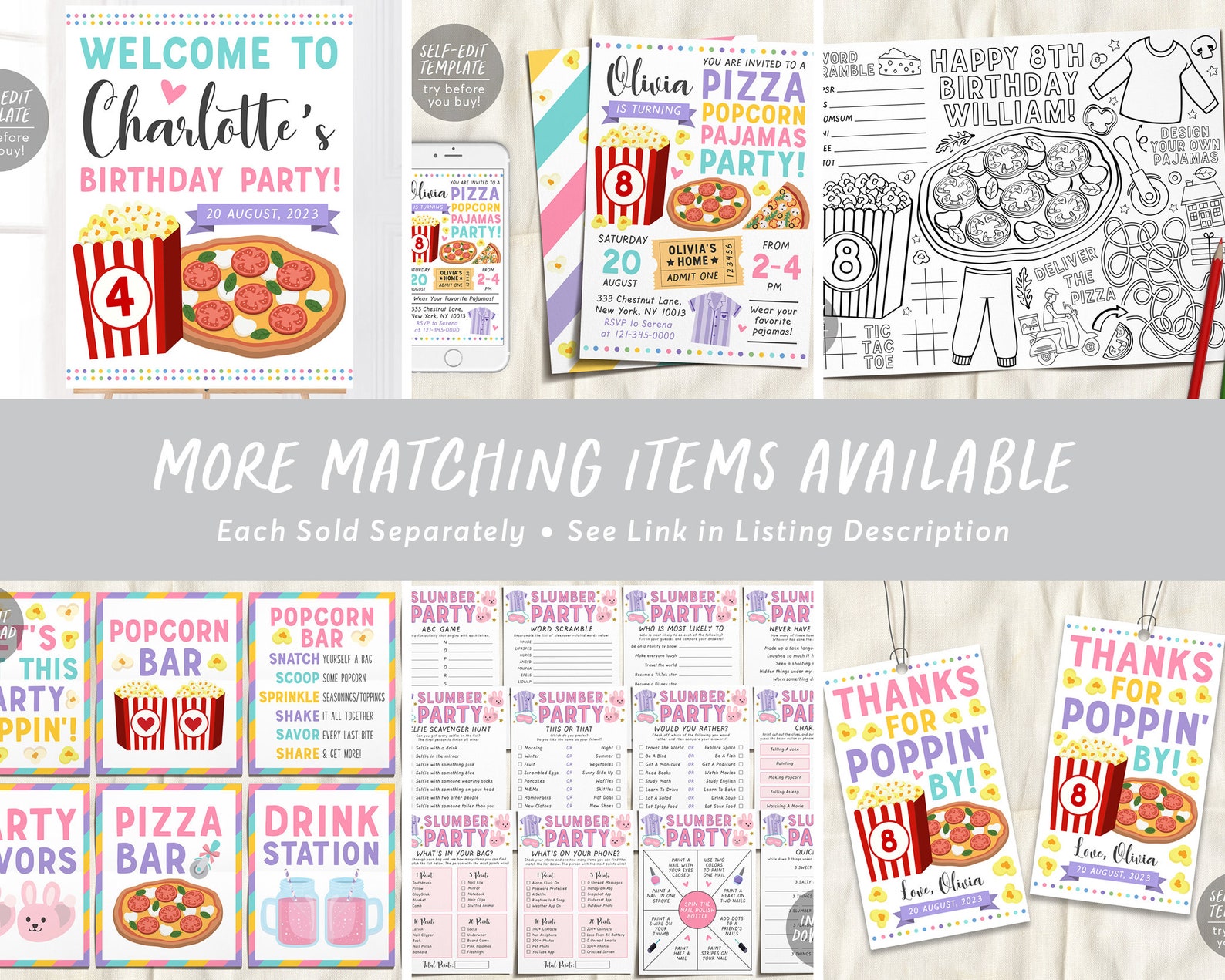 Pizza Popcorn and Pajamas Party Signs BUNDLE for Birthday, Popcorn Bar ...