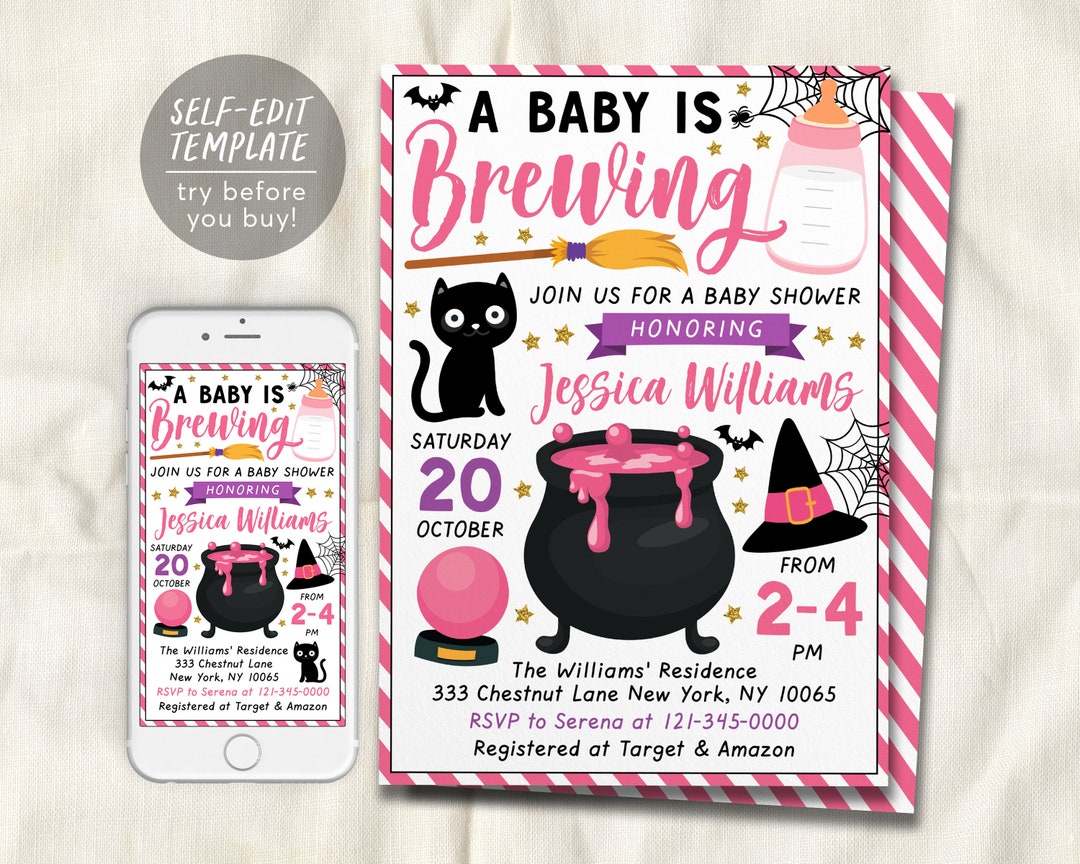 A Baby is Brewing Baby Shower Invitation Editable Template, Pink Witch ...