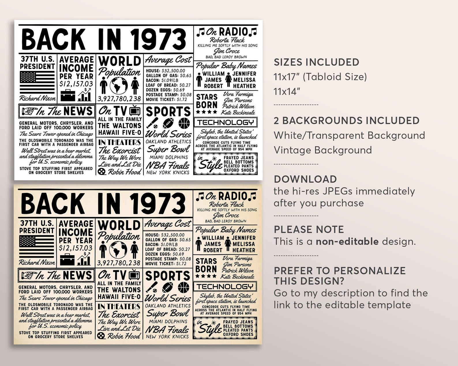 Back in 1973 Printable Placemat Instant Download Born in 1973 - Etsy