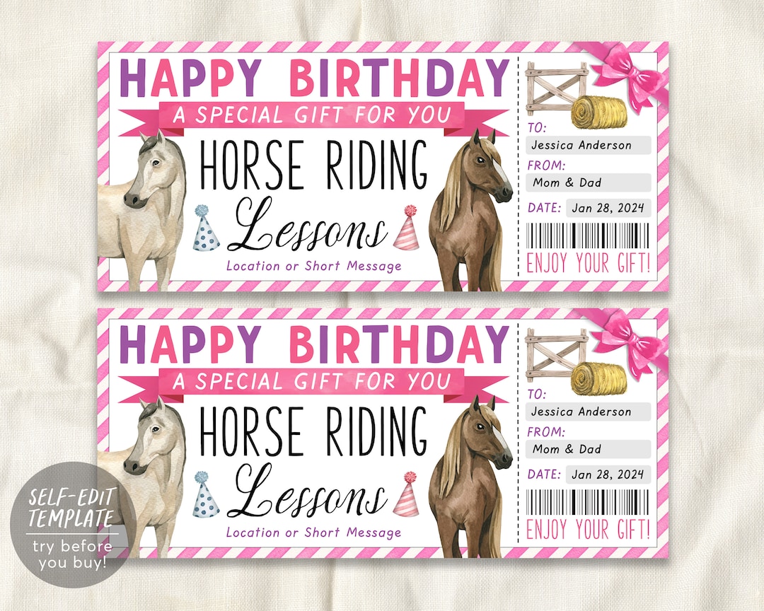 Horse Riding Lessons Gift Voucher Editable Template, Birthday Surprise ...